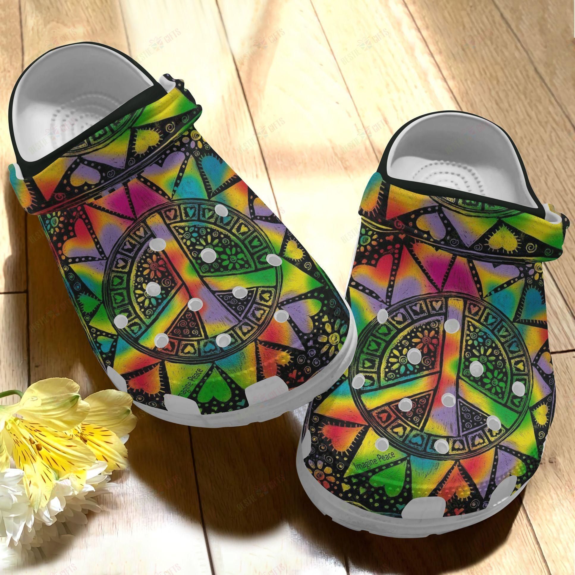 Hippie Crocs Classic Clog Whitesole Imagine Peace Shoes - Themarketfarmer