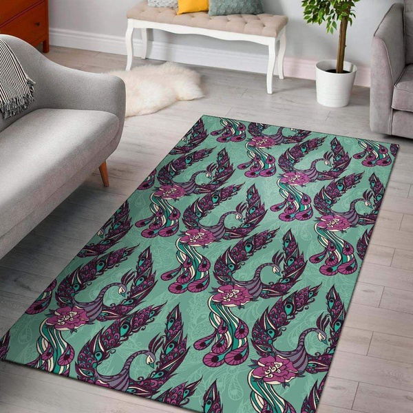 Beautiful Floral Phoenix Turquoise Color Background Area Rug Home Decor ...